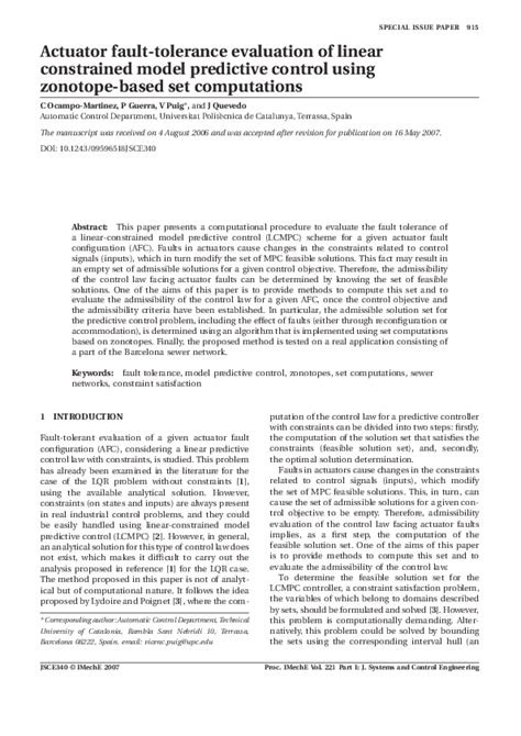 Pdf Actuator Fault Tolerance Evaluation Of Linear Constrained Model Predictive Control Using