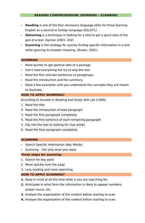 Reading Comprehension Skimming Scanning Reading Comprehension
