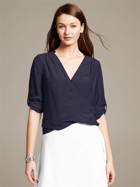 Banana Republic Silk Roll Sleeve Riviera Blouse In Blue Classic Navy