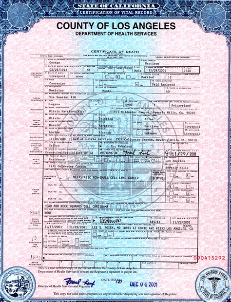 George Harrisons Death Certificate The Smoking Gun