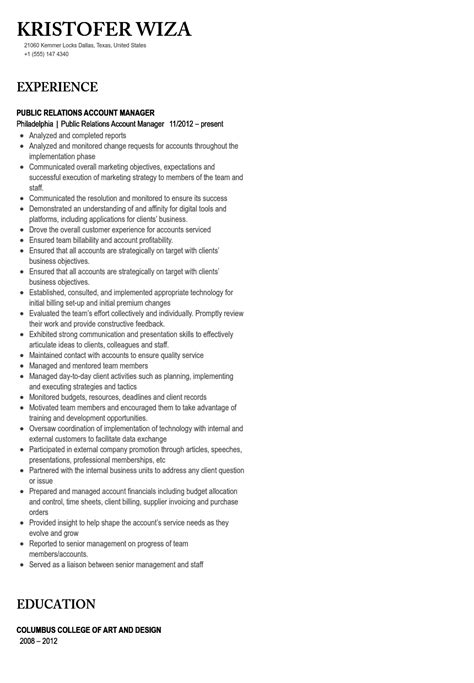 Public Relations Account Manager Resume Sample Velvet Jobs