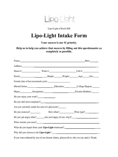 Fillable Online Chiropractor In Rock Hill Sc Us Lipo Light Intake