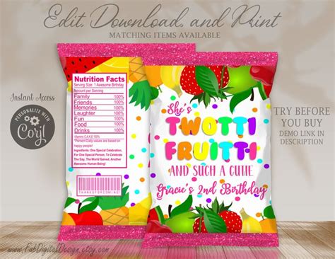 Editable Twotti Fruitti Chip Bag Fruit 2nd Birthday Party Favors Twotti