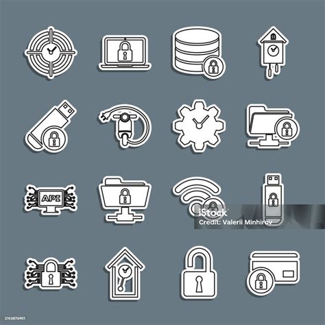 잠금 장치 Usb 플래시 드라이브 Ftp 폴더 및 서버 보안 전기 스쿠터 시간 관리 및 아이콘이있는 신용 카드를 설정합니다 벡터 Usb 케이블에 대한 스톡 벡터 아트 및