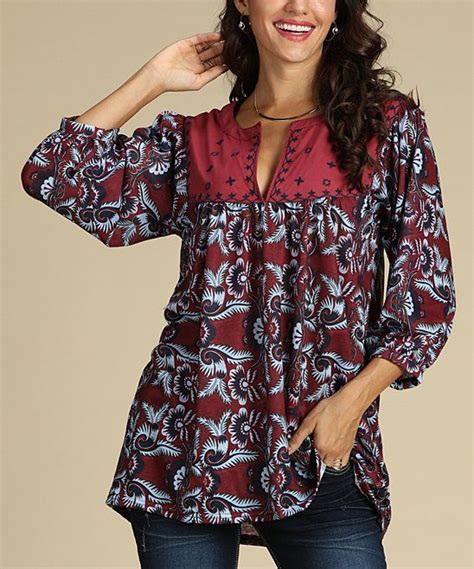 Take A Look At This Red Navy Floral Embroidered Yoke Notch Neck Tunic