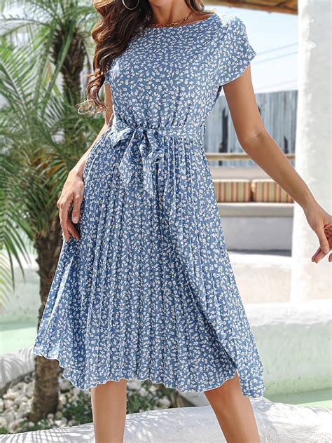 Ditsy Floral Print Belted Dress Short Sleeve Casual Every Day Vacation