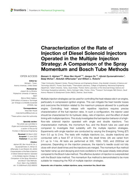 Pdf Characterization Of The Rate Of Injection Of Diesel Solenoid Injectors Operated In The