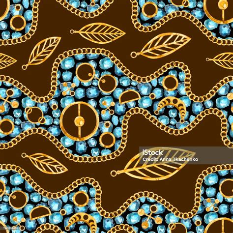 수채화 원활한 패턴 황금 체인 색상 배경에서 보석 및 깃털 개인 장식품에 대한 스톡 벡터 아트 및 기타 이미지 개인 장식품 고리 사슬 금 금속 Istock