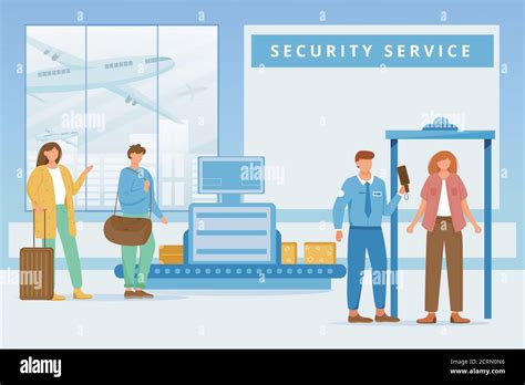 Airport Security Service Flat Vector Illustration Inspection Of Personal Luggage Passing Metal