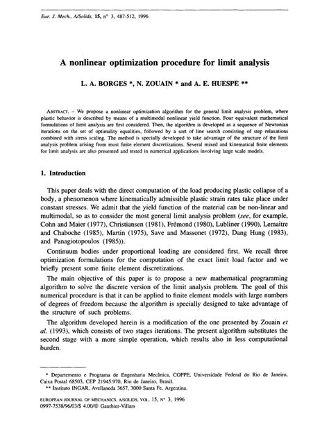 Pdf Nonlinear Optimization Procedure For Limit Analysis