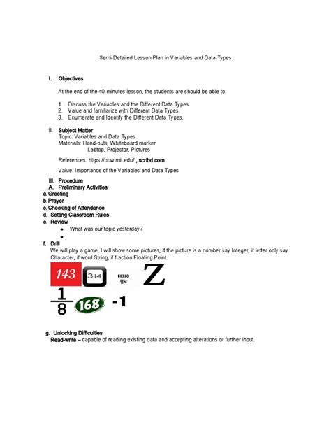 Lesson Plan For Demo Variables And Data Types Pdf Data Type