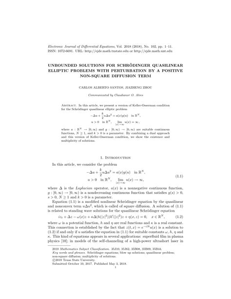 Pdf Unbounded Solutions For Schrödinger Quasilinear Elliptic Problems With Perturbation By A