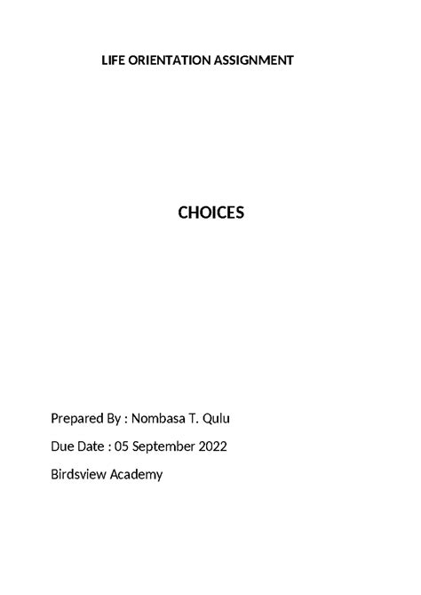 Lo Assignment Life Orientation Assignment Choices Prepared By