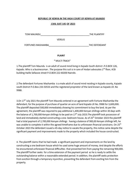 Plaint Pdf Kenya Common Law