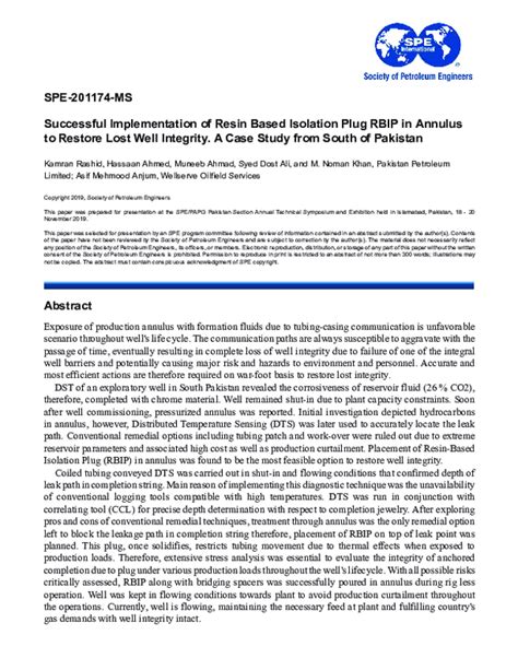 Pdf Spe 201174 Ms Successful Implementation Of Resin Based Isolation Plug Rbip In Annulus To