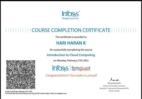 Hari Haran K On Linkedin I Share My Certification Course On Infosys