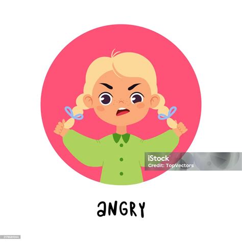 아이 감정 와 화난 소녀 캐릭터 에서 둥근 모양 쇼 얼굴 표정 벡터 일러스트 레이 션 감정에 대한 스톡 벡터 아트 및 기타
