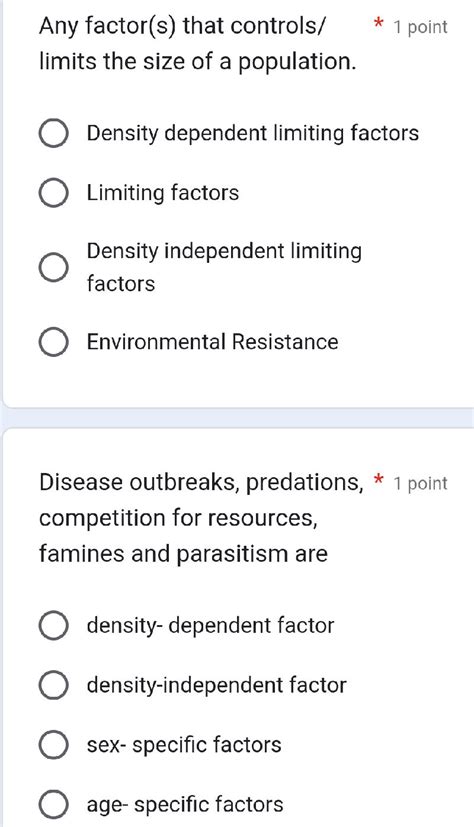 Any Factor S That Controls Limits The Size Of A Population 1 Point Density Dependent Limiting
