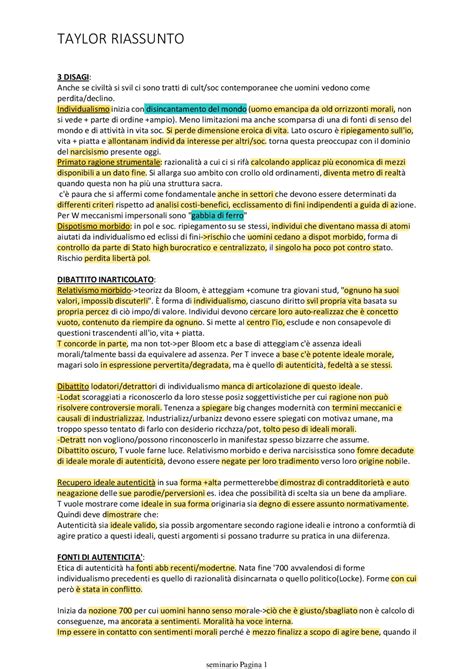 Weber E Il Disagio Della Modernità Riassunto Seminario Taylor Il