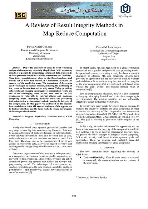 PDF A Review Of Result Integrity Methods In Map Reduce Computation