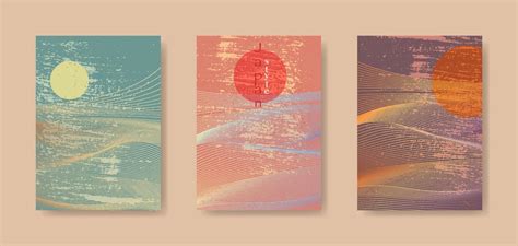 Japanese Background Retro Vintage Style Set Cards Line Wave Pattern Vector Illustration