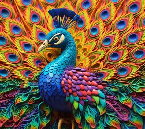 Pavo Real De Colores Brillantes Con Plumas Extendidas En Una Colorida