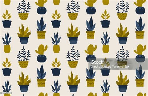 화분 완벽 한 패턴입니다 직물에 인쇄하기 위한 반복 디자인 요소 식물이 있는 화분 장식 및 인테리어 요소 벽지와 질감 평면 벡터 일러스트 레이 션 0명에 대한 스톡 벡터