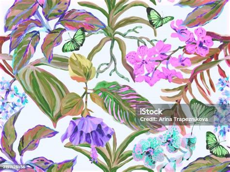 난초 히비스커스 꽃 잎 그리고 나비와 함께 열대 완벽 한 패턴 빈티지 스타일의 열대 식물과 함께 구아슈로 그린 보태니컬 프린트 0명에 대한 스톡 벡터 아트 및 기타 이미지