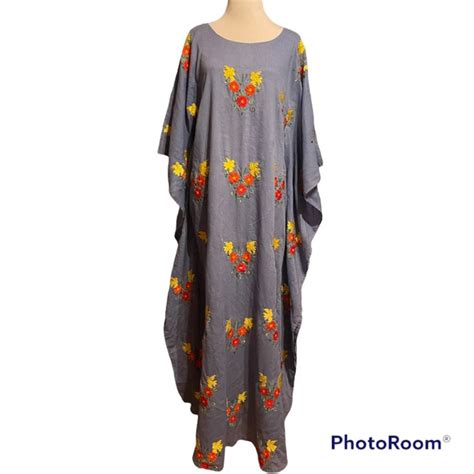 Vintage Dresses Vintage Embroidered Floral Caftan Dress Boho Maxi