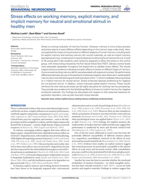 Pdf Stress Effects On Working Memory Explicit Memory And Implicit
