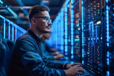 techsavvy programmer at data center mastering computers in office