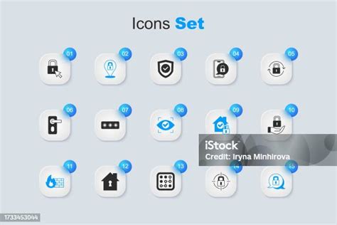 Set Lock Password Protection Firewall Security Wall And Eye Scan Icon Vector Stock Illustration