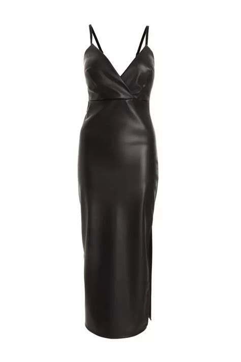 Black Faux Leather Wrap Midi Dress Quiz Clothing