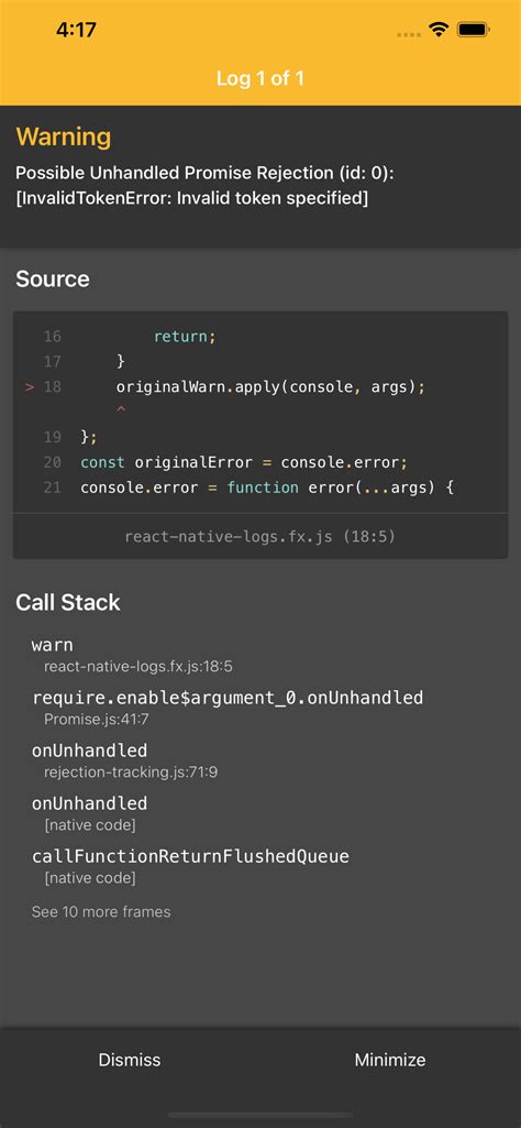 possible handled promise rejection {invalidtokenerror invalid token specified} react native