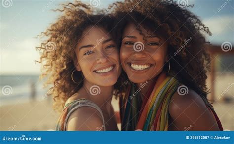 Portrait Of Two Beautiful Women Smiling And Hugging On The Beach