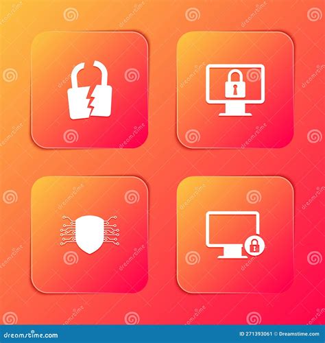 Set Broken Or Cracked Lock Lock On Monitor Cyber Security And Icon