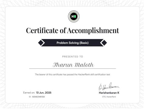🚀 Just Completed Problem Solving Course On Hackerrank Tharun Maloth