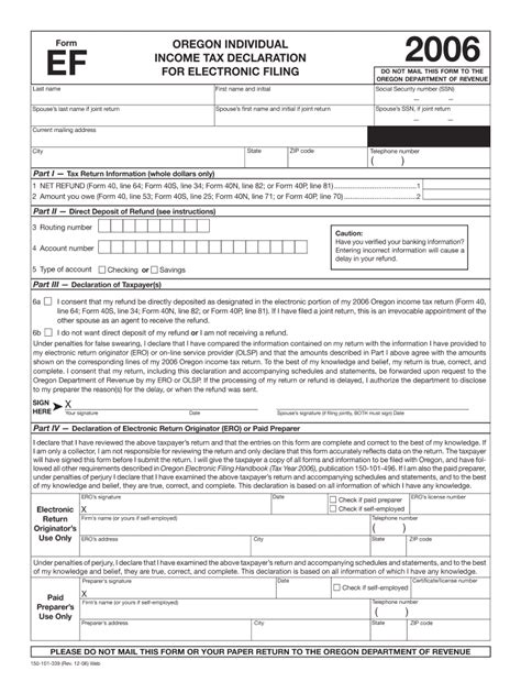 Oregon Individual Income Tax Declaration For Electronic Filing Fill