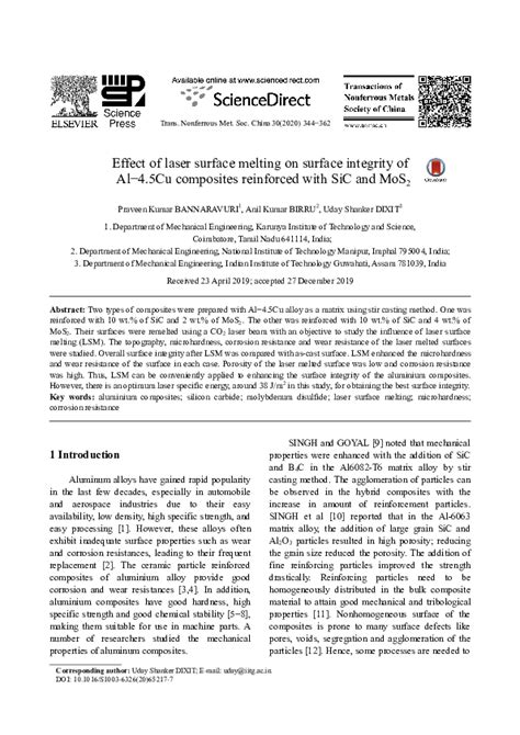 Pdf Effect Of Laser Surface Melting On Surface Integrity Of Al−4 5cu Composites Reinforced