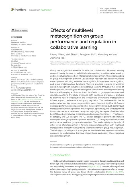 Pdf Effects Of Multilevel Metacognition On Group Performance And Regulation In Collaborative