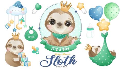 Doodle Mignon Paresseux Avec Illustration Florale Vecteur Premium