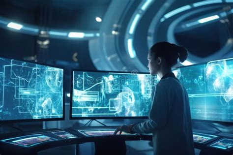 Woman Working At A Futuristic Console With Monitors Showing Network