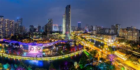 Chengdu Cityscape Anshun Bridge Over Jin River Night Panorama China