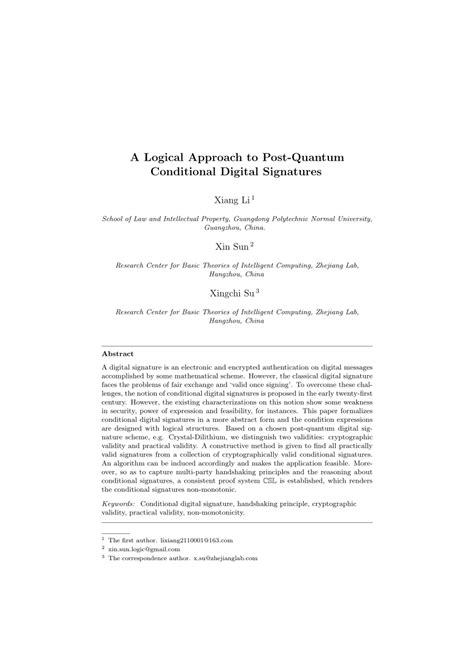 PDF A Logical Approach To Post Quantum Conditional Digital Signatures