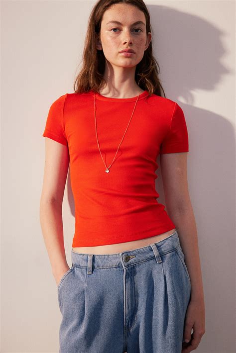 Ribbed Modal Blend T Shirt Red Ladies Handm Us