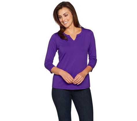 Susan Graver Essentials Butterknit 34 Sleeve Split Neck Top Page 1