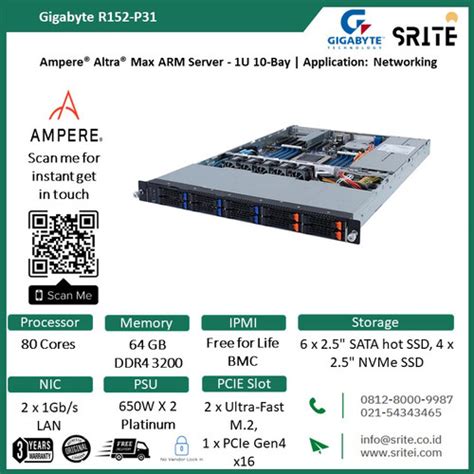 Jual Gigabyte Arm Server 1u R152 P31 Ampere Altra 80 Core Q80 26 64gb 1