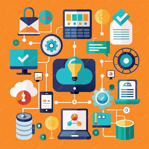 Illustration Of Interconnected Flat Design Icons Representing A Data Flow And Cloud Computing