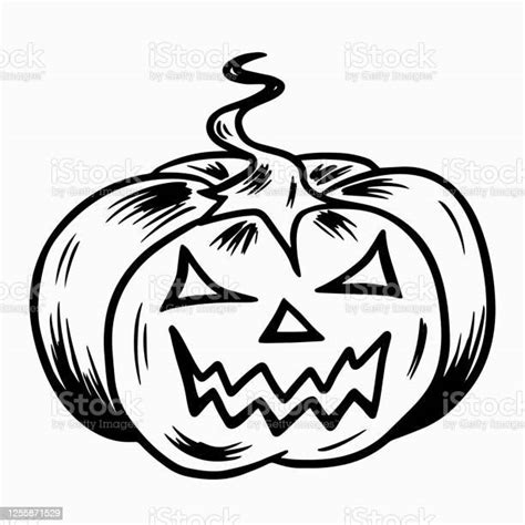 할로윈 호박 모든 성도의 날의 손으로 그린 낙서 상징 꼬리가 달린 커다란 호박과 눈을 자르고 입에 미소를 지었습니다 흰색으로 격리된 스톡 벡터 검정 윤곽선 그림입니다 0명에
