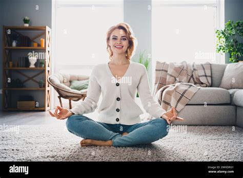 Full Size Portrait Of Gorgeous Cheerful Girl Sit Barefoot Floor Crossed